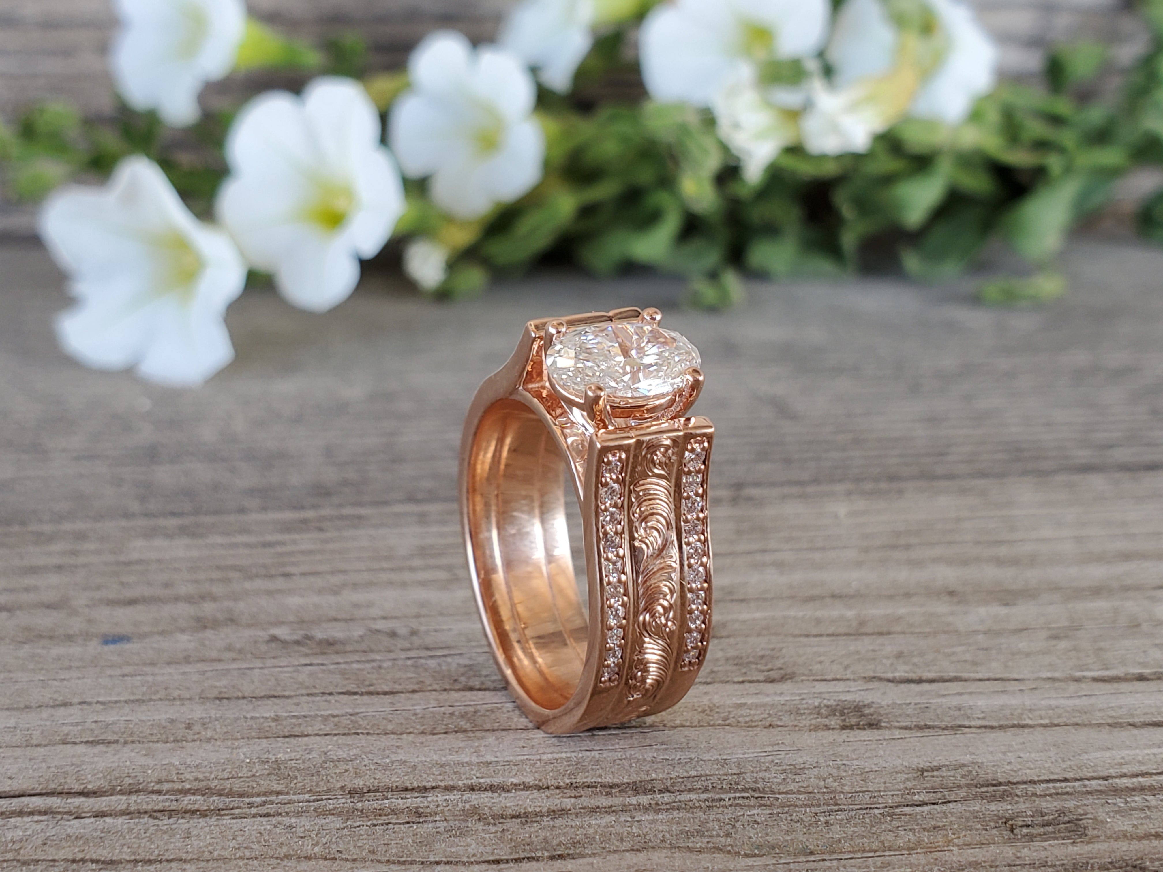 The Ella: Cathedral Style, Hand-Engraved Rose Gold Ring With Oval Cent ...