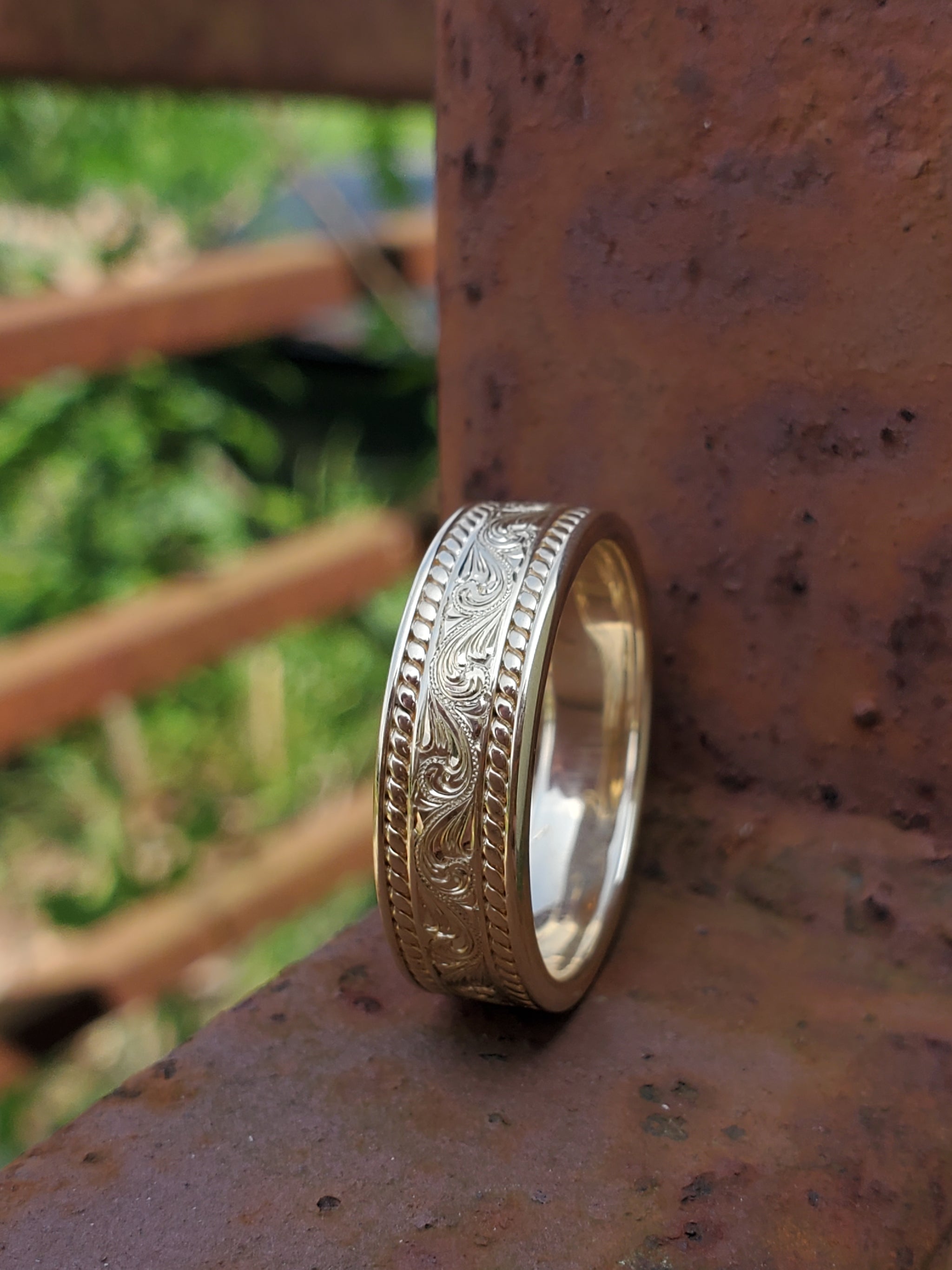 The Reata: 10K Yellow Gold Inlaid Rope Band, Hand-Engraved Western Men ...