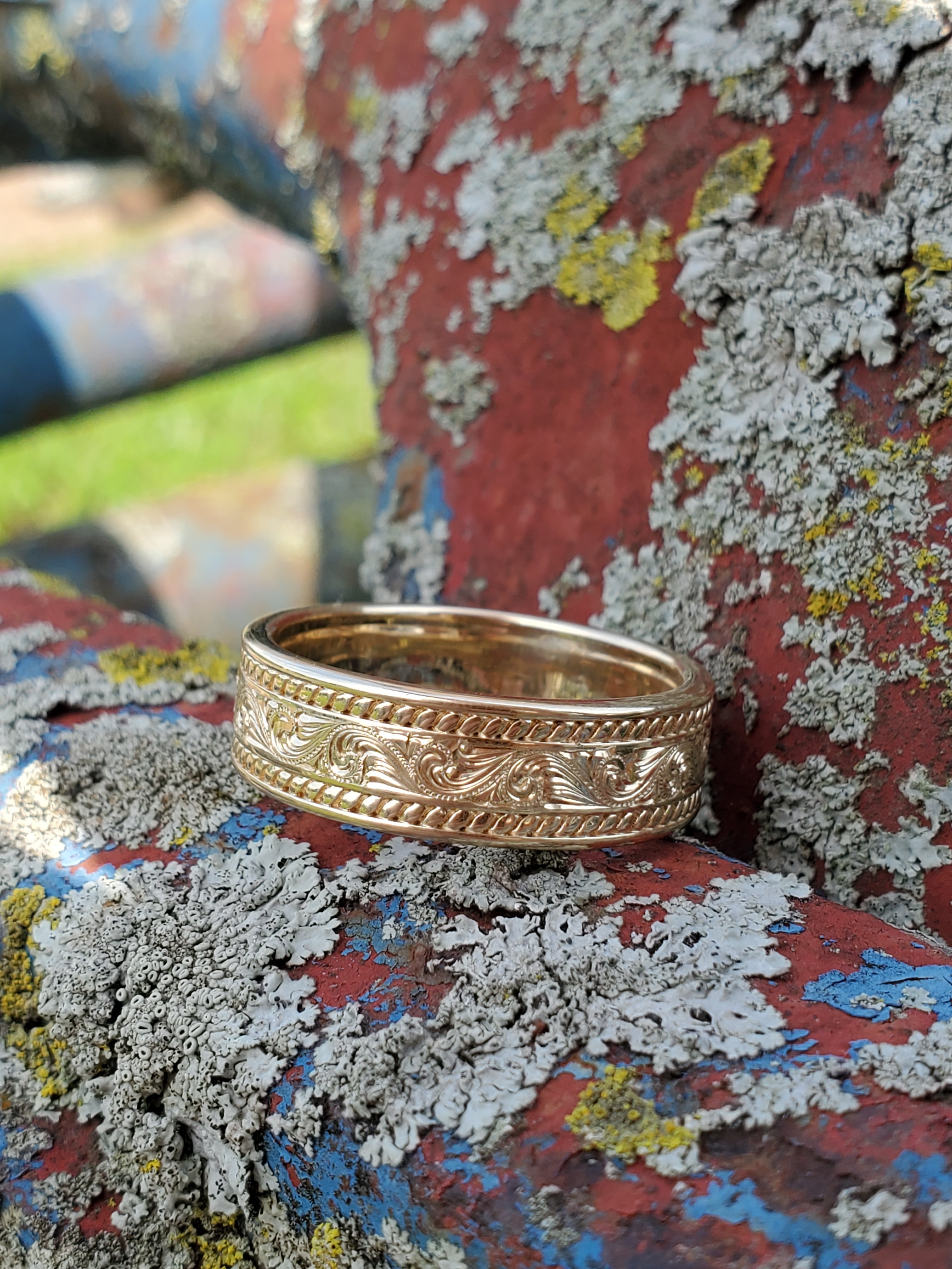 The Reata: 10K Yellow Gold Inlaid Rope Band, Hand-Engraved Western Men ...