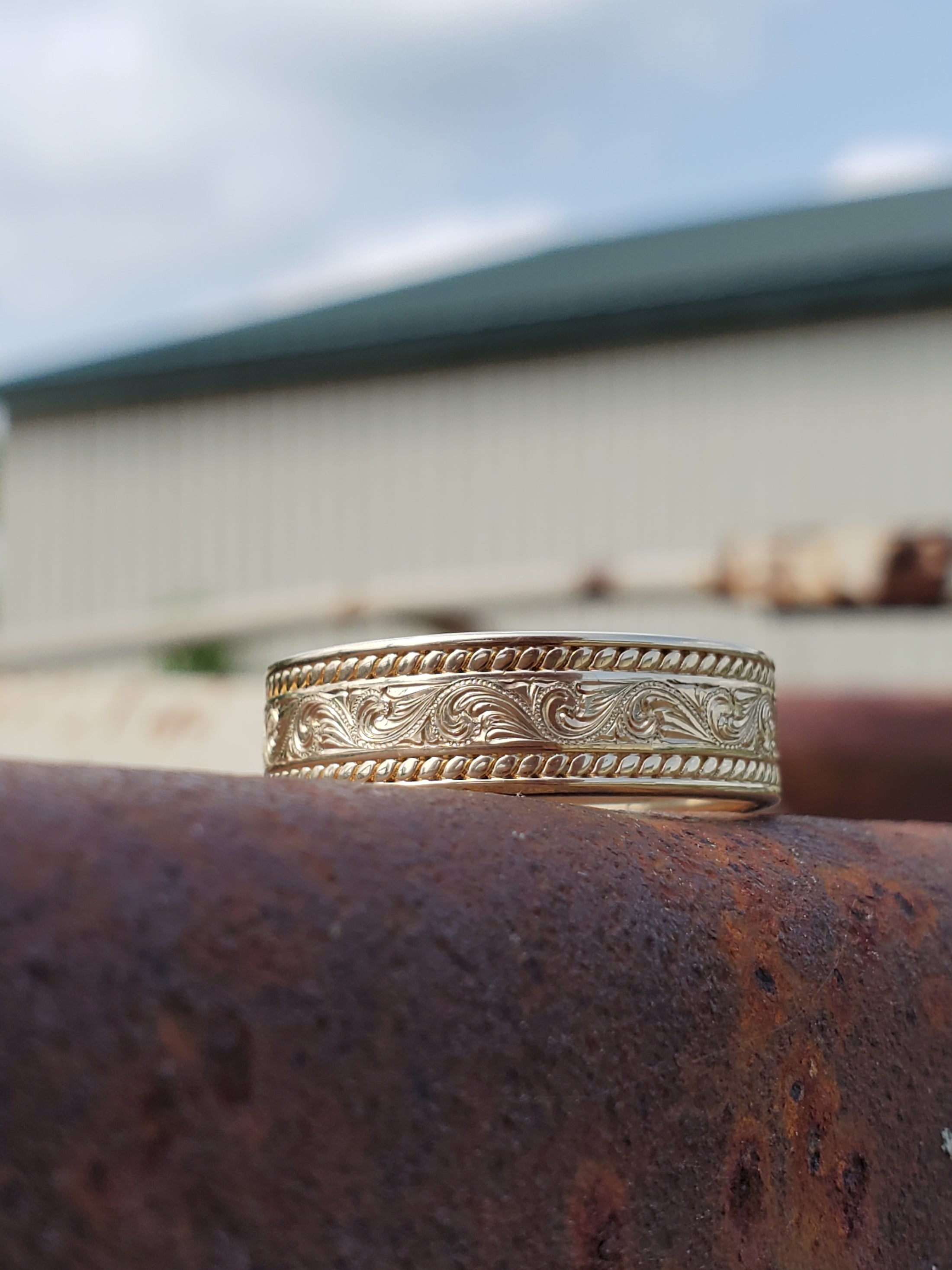 The Reata: 10K Yellow Gold Inlaid Rope Band, Hand-Engraved Western Men ...