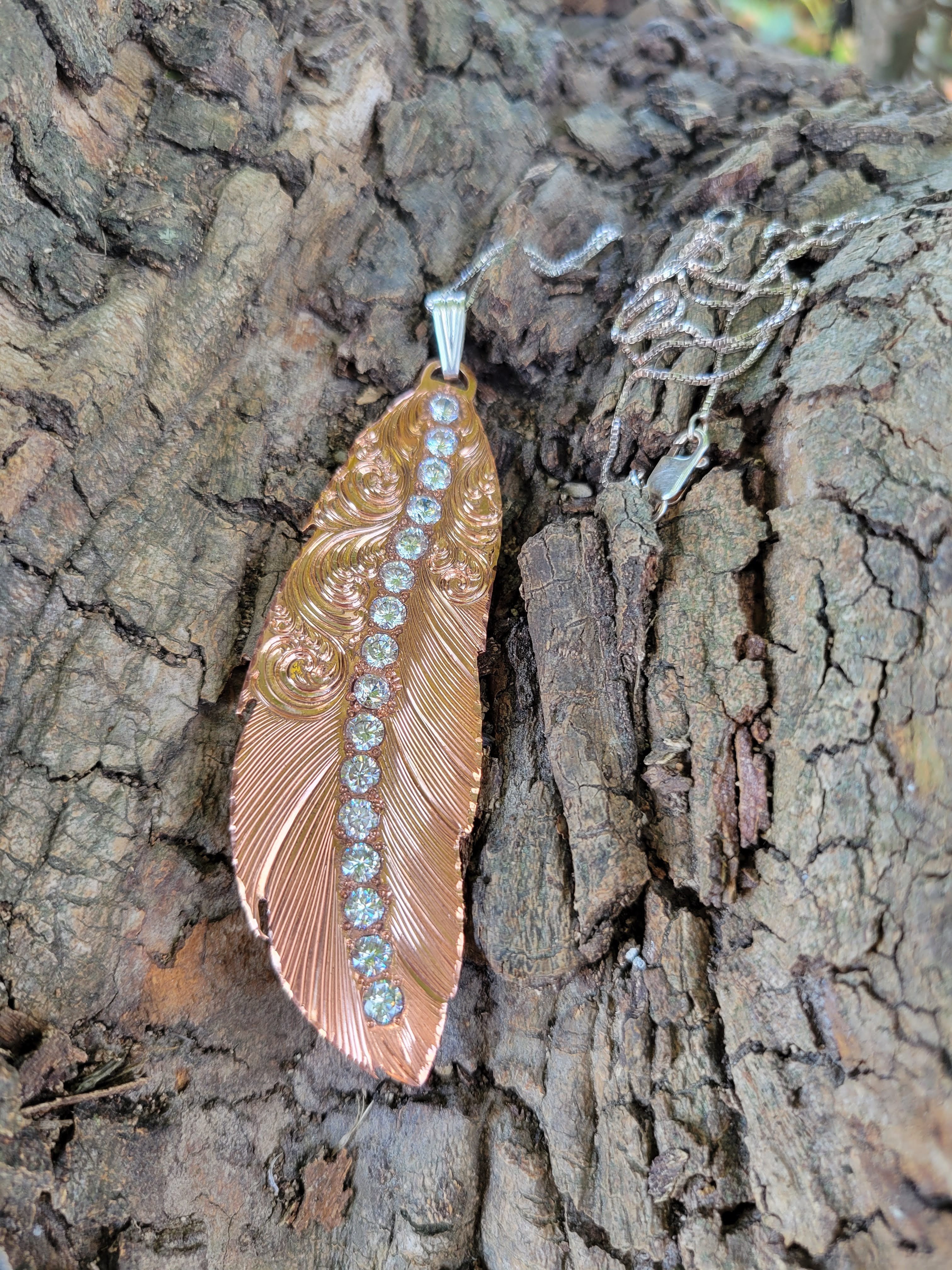 Copper Feather Necklace, Hand Engraved Pendant with CZ settings ...