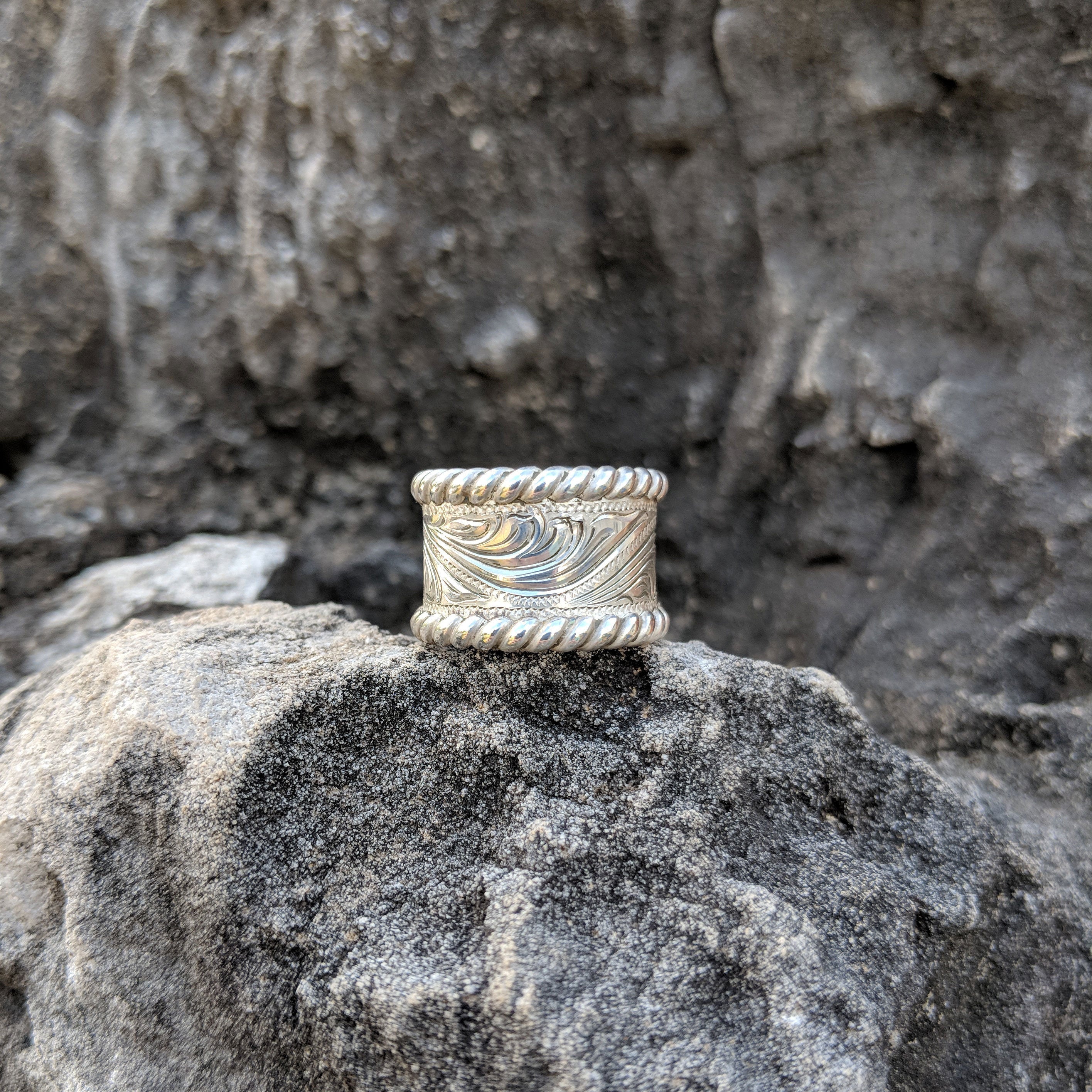 Sterling Silver Engraved Western Ring, Sterling Silver Rope Edge Desig ...